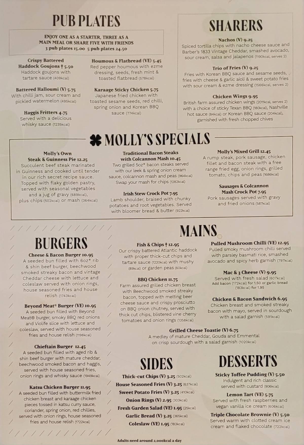 Menu at Molly Malone's pub & bar, Glasgow