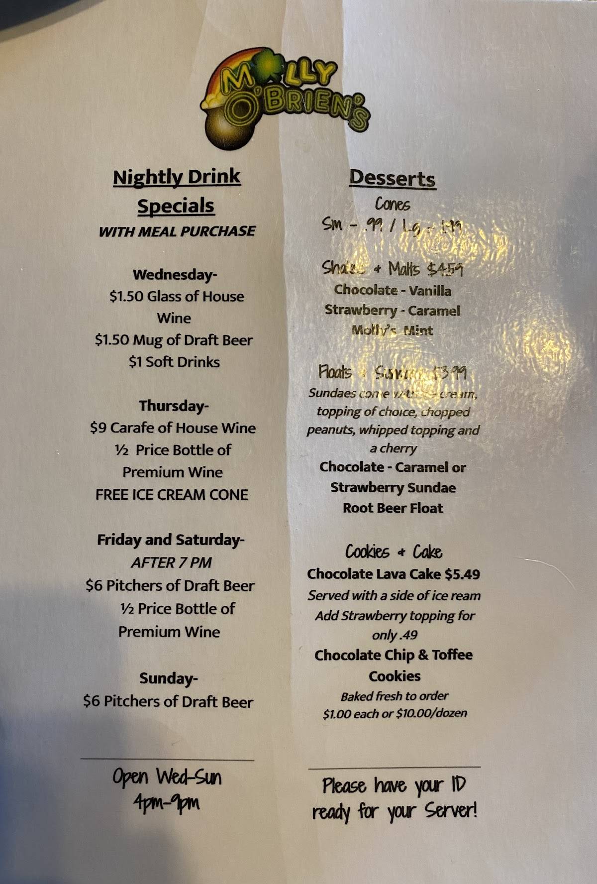 Menu at Molly O'Brien's pizzeria, Hot Springs Village