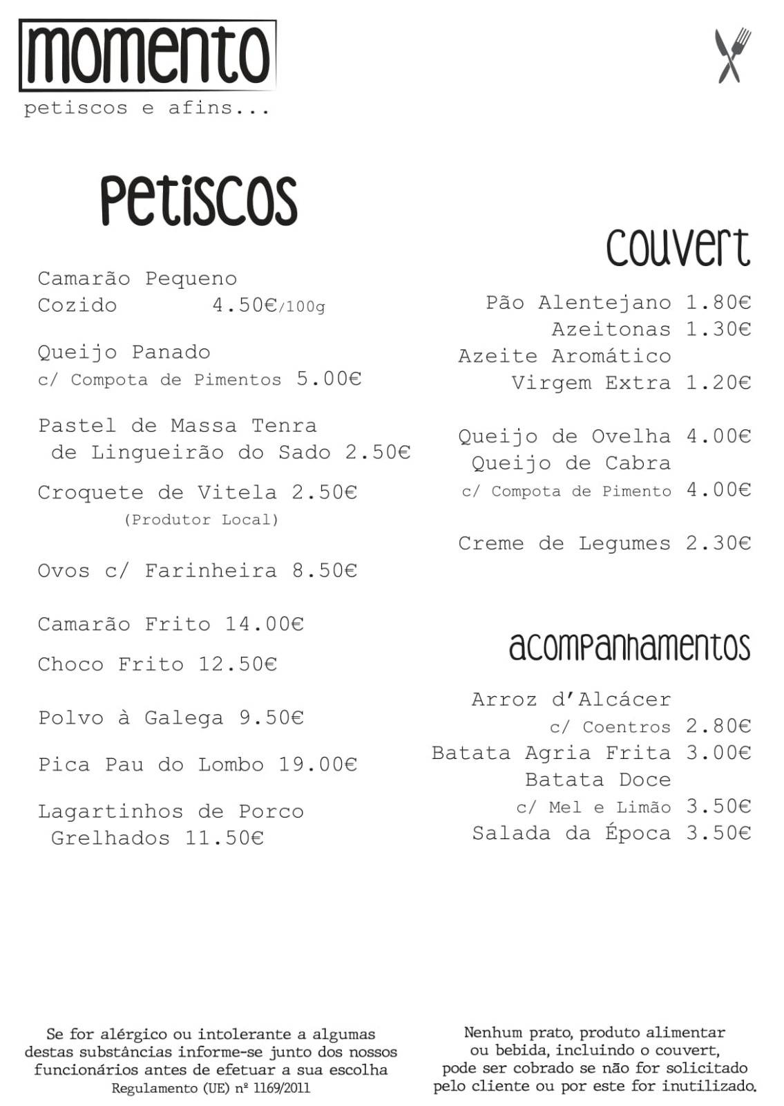 Menu at Momento pub & bar, Alcácer do Sal
