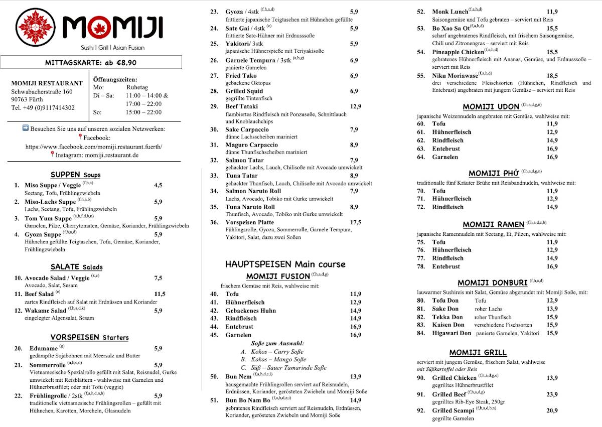 Speisekarte von Momiji Restaurant, Fürth