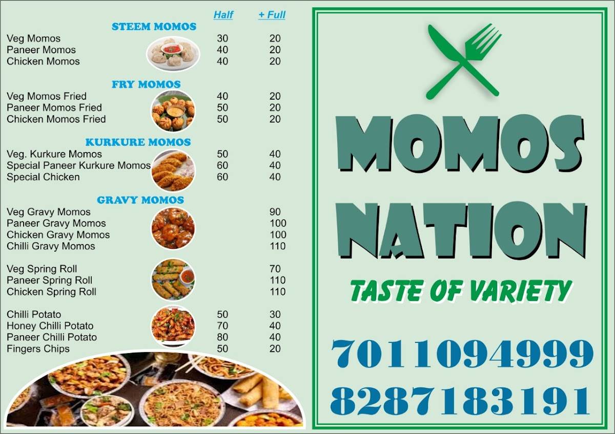 Menu at Momos nation (taste of variety), India