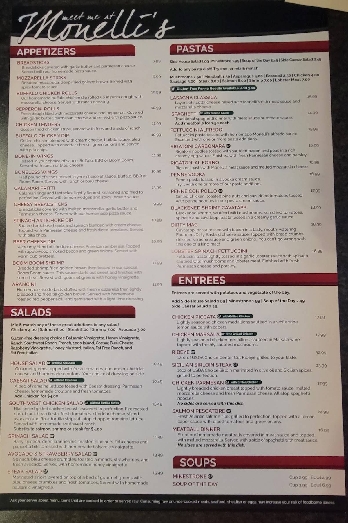 Menu at Monelli's Italian Grill & Sports Bar, Portage