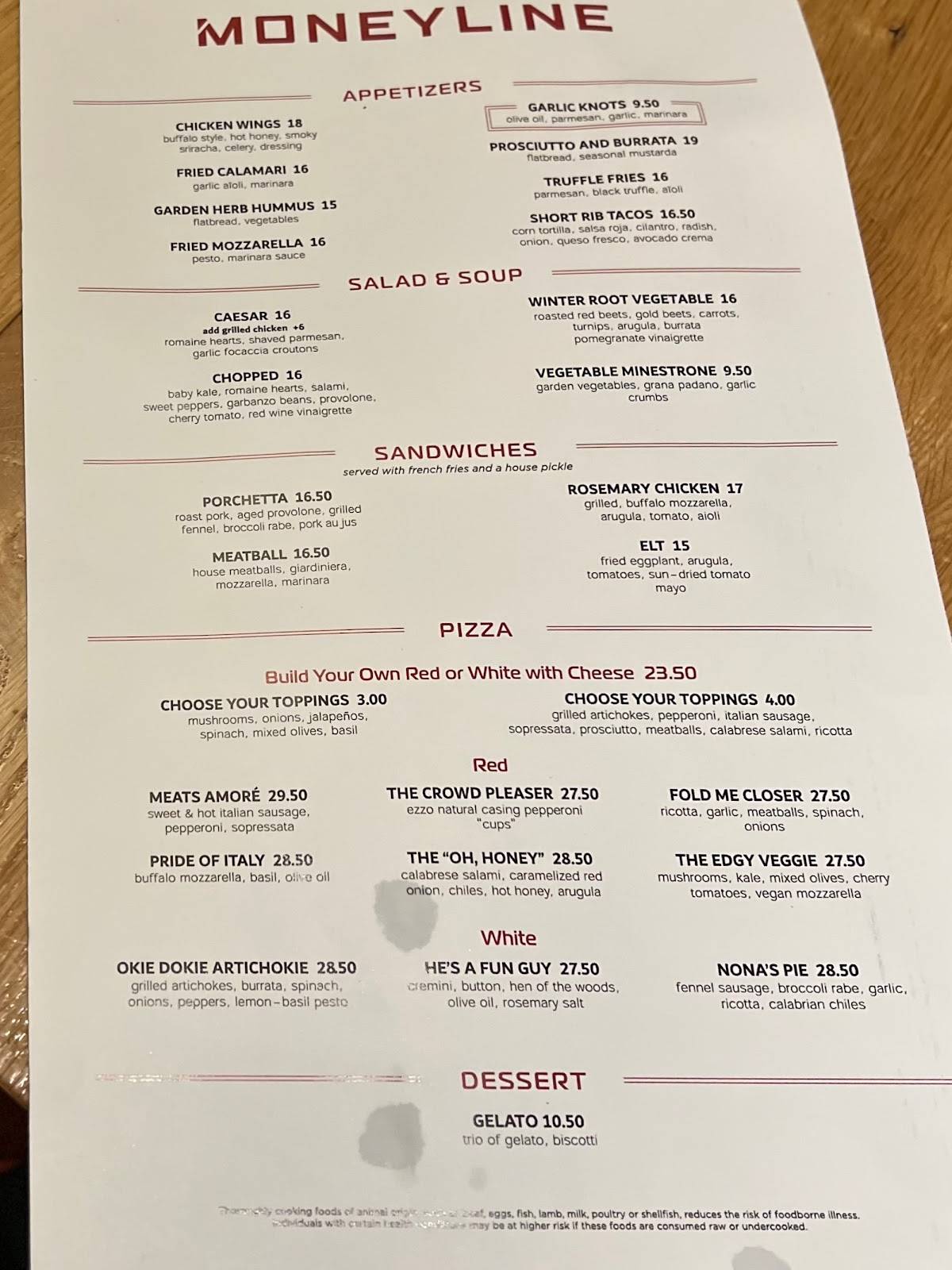 Menu at Moneyline Pizza & Bar, Las Vegas