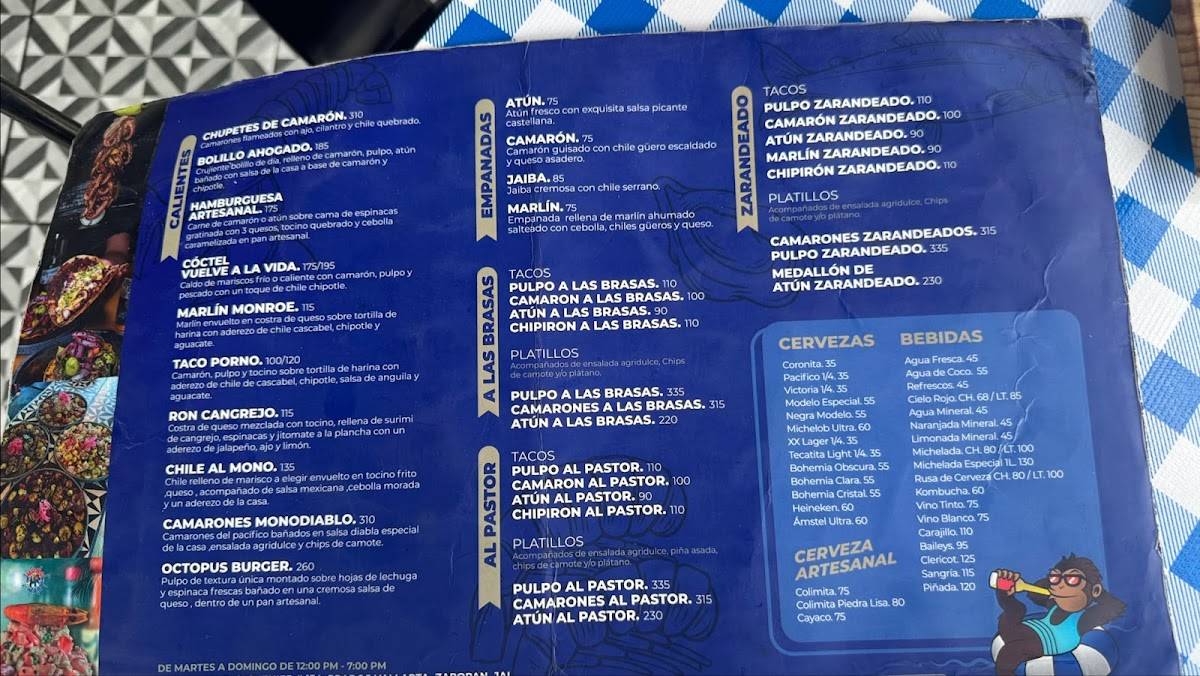 Carta del restaurante Mono del Mar, Zapopan