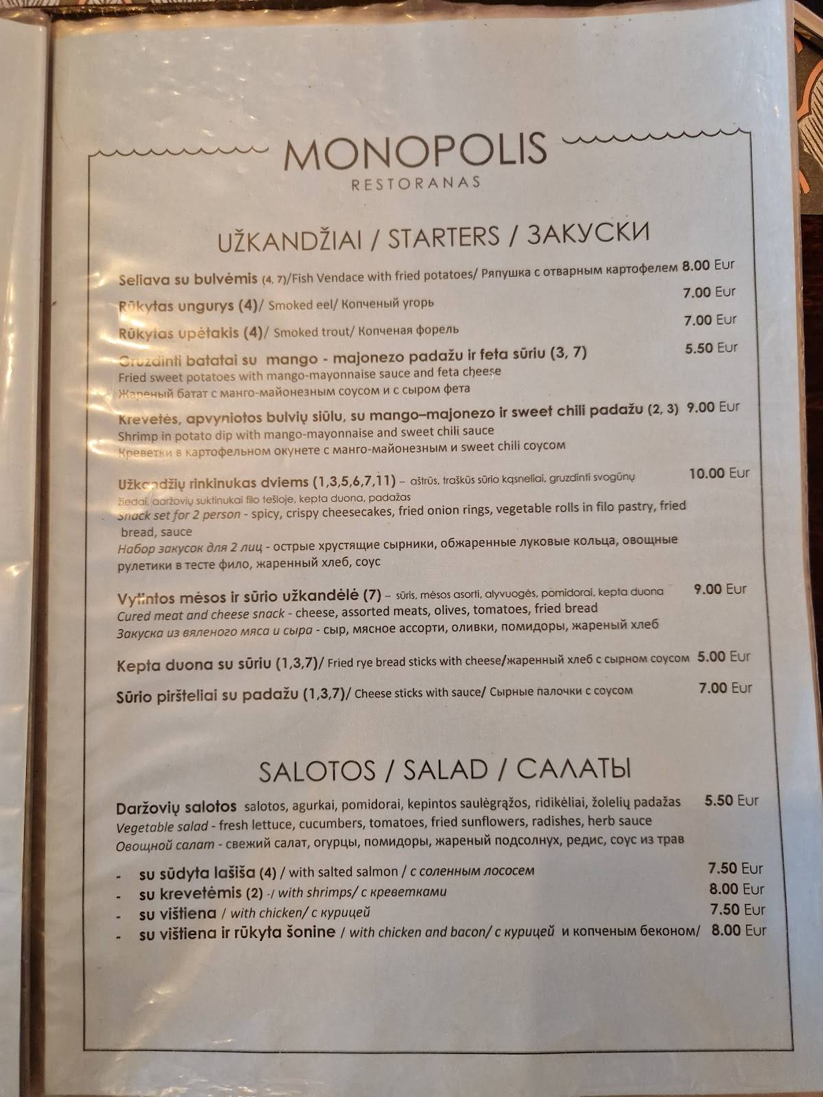 Menu at Monopolis restaurant, Zarasai