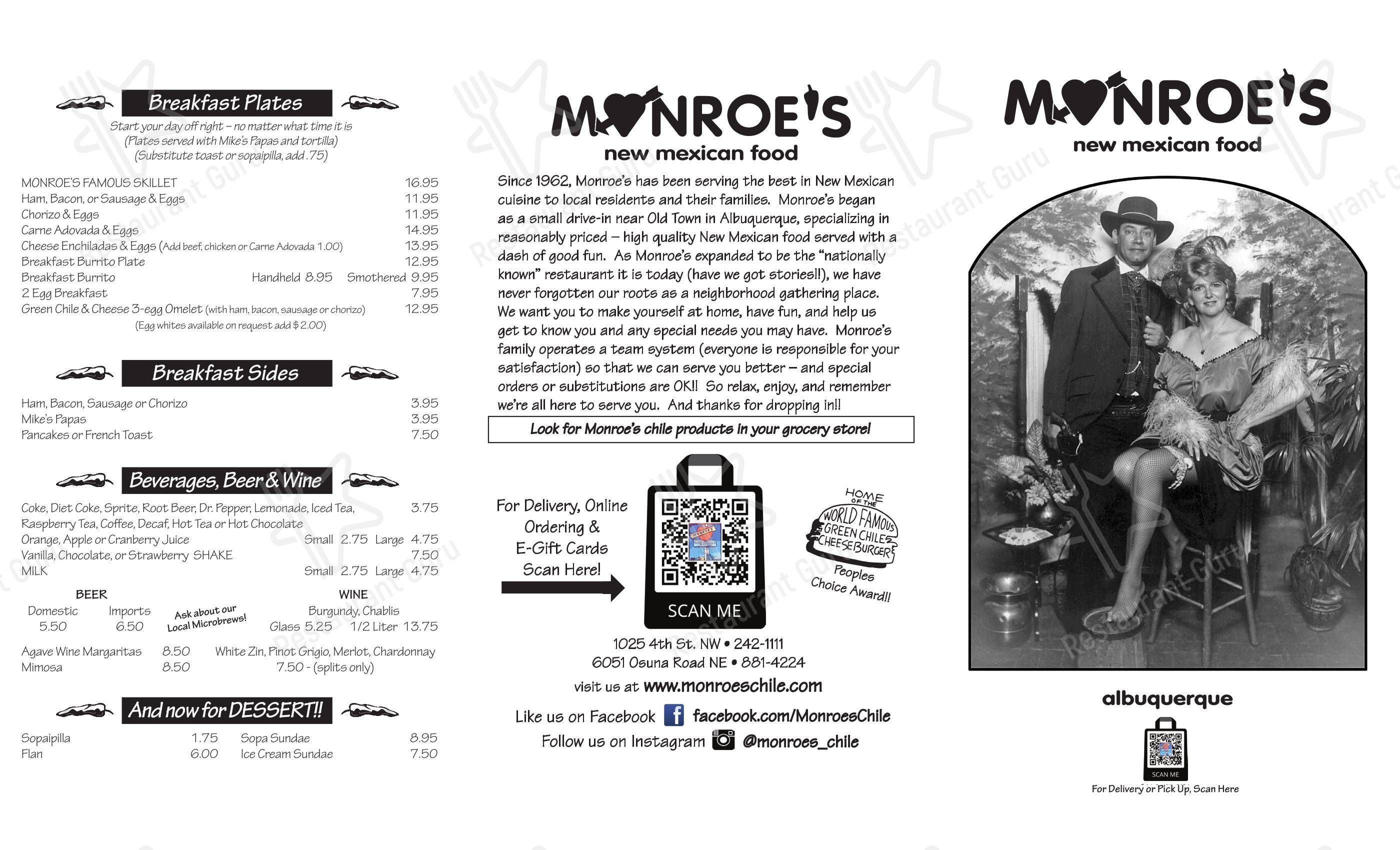 Menu at Monroe's Restaurant, Albuquerque, 4th St NW