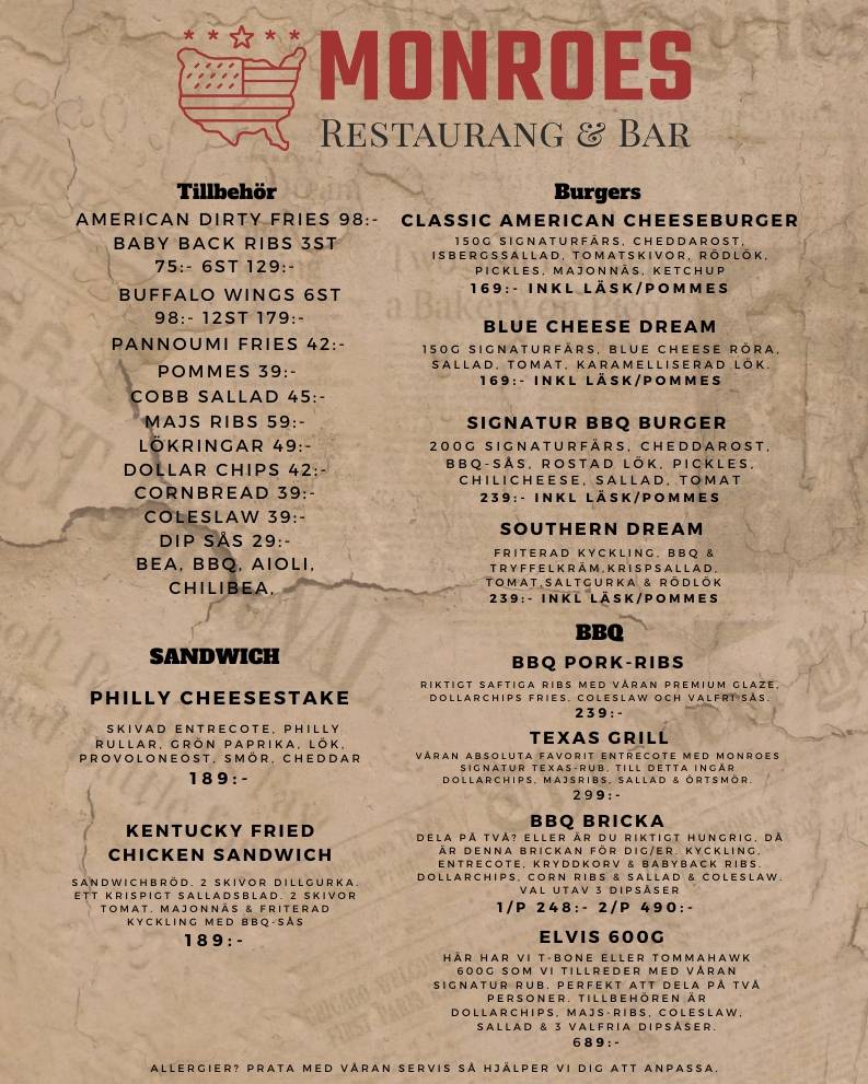 Menu at Monroes pizzeria, Sandviken