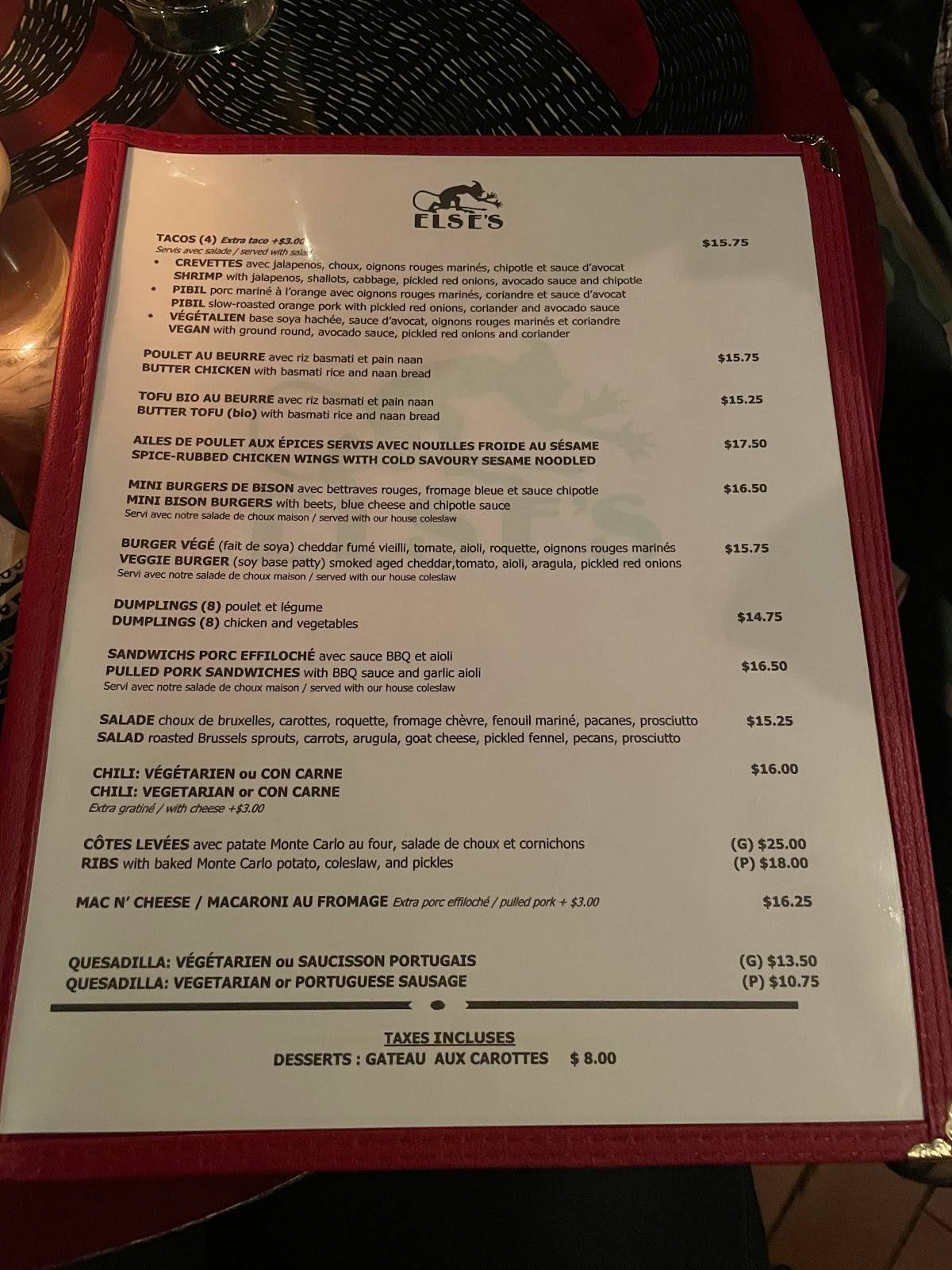 Menu at Else's pub & bar, Montréal