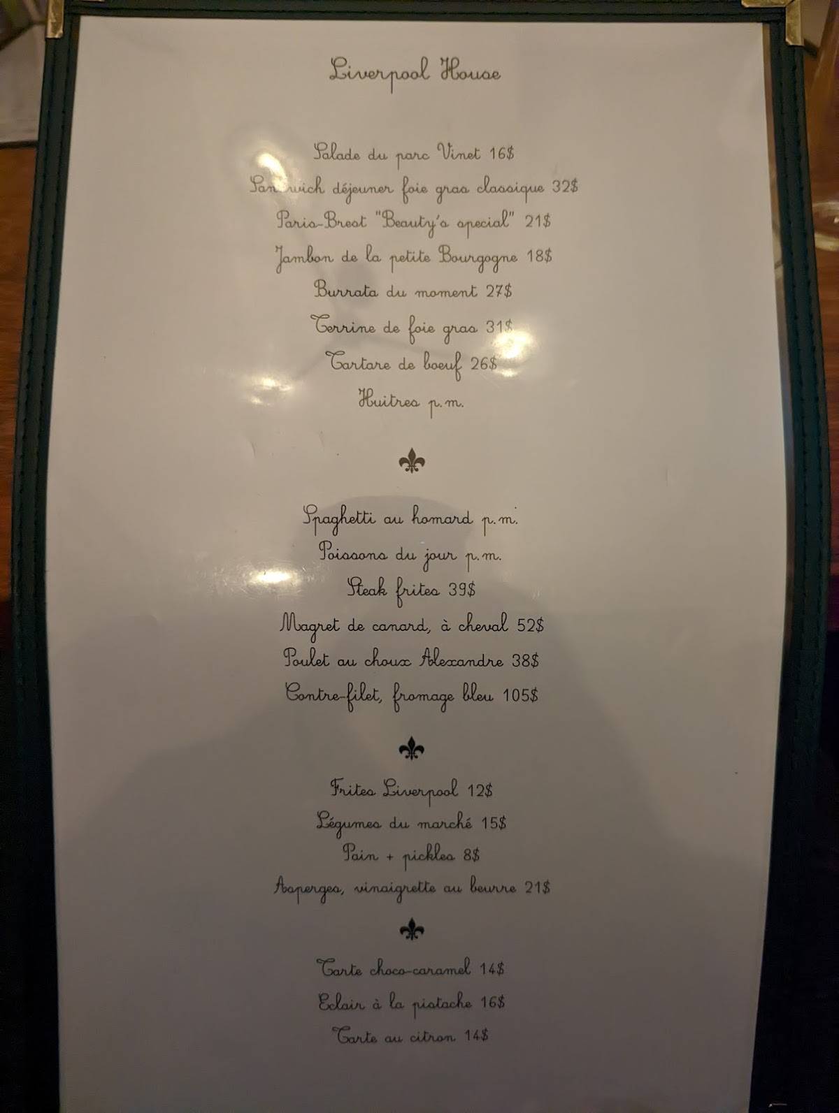 Menu at Liverpool House restaurant, Montréal