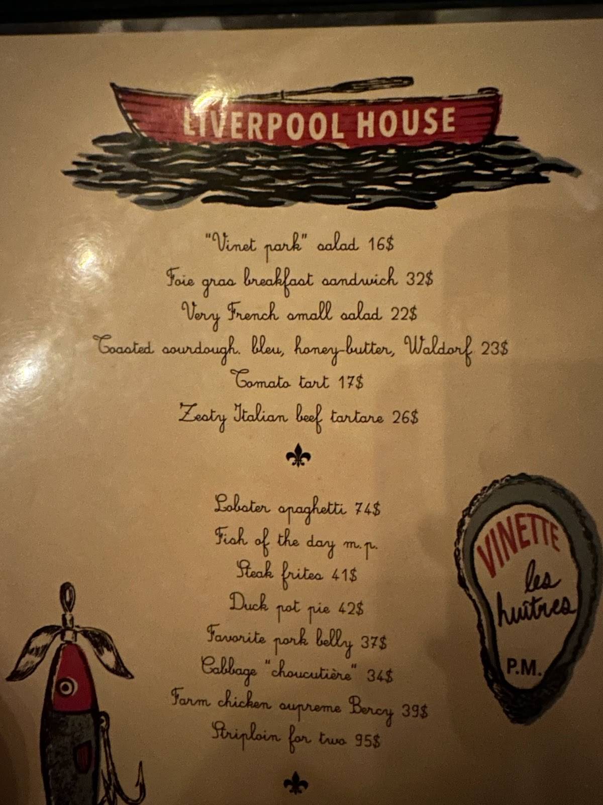 Menu at Liverpool House restaurant, Montréal