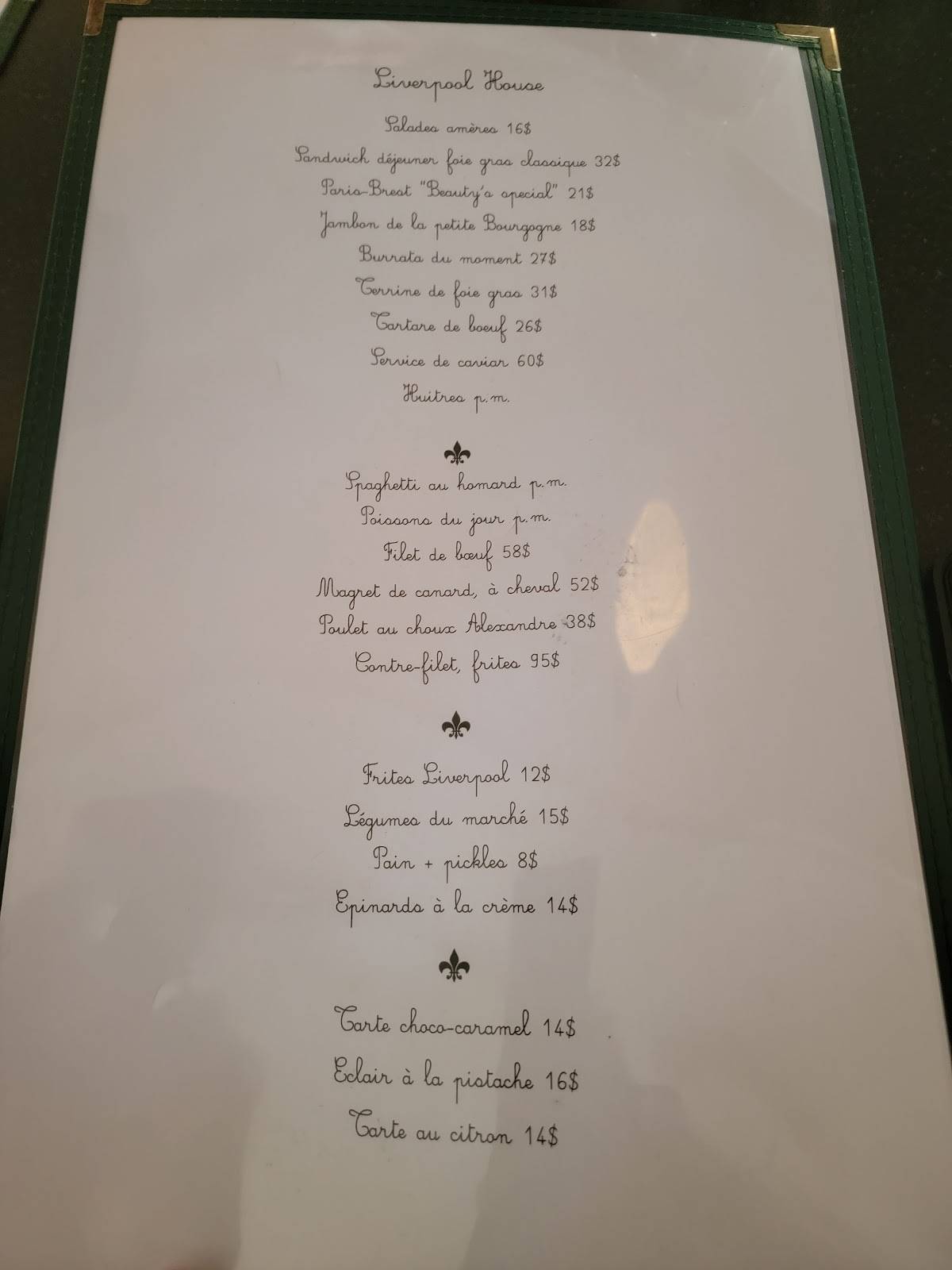Menu at Liverpool House restaurant, Montréal