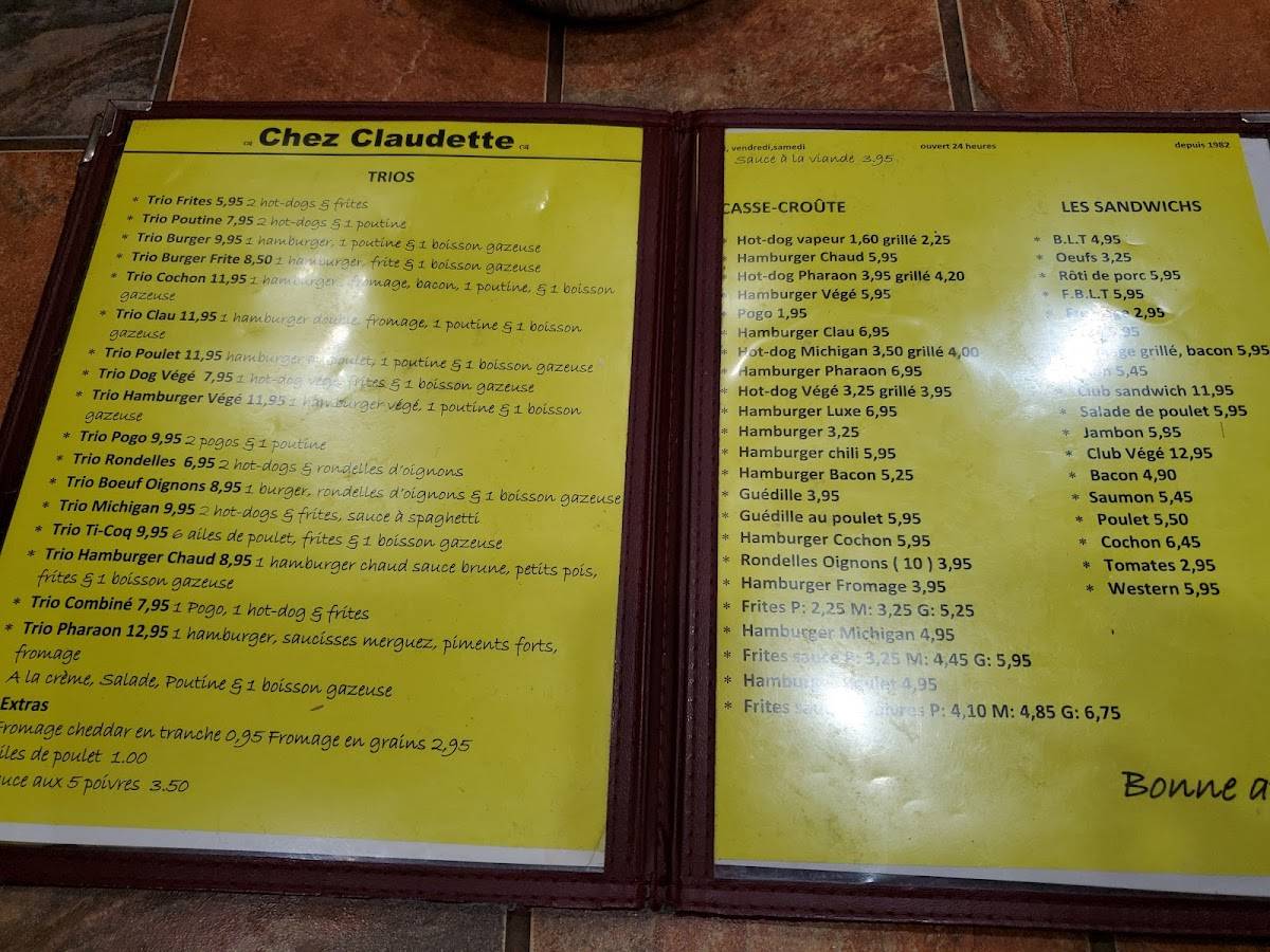 Menu at Restaurant Chez Claudette, Montréal