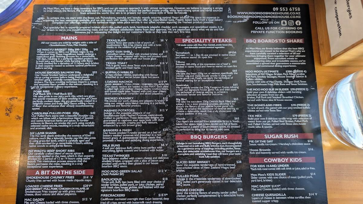 Menu at Moo Moo Smokehouse & Grill Ormiston restaurant, Auckland