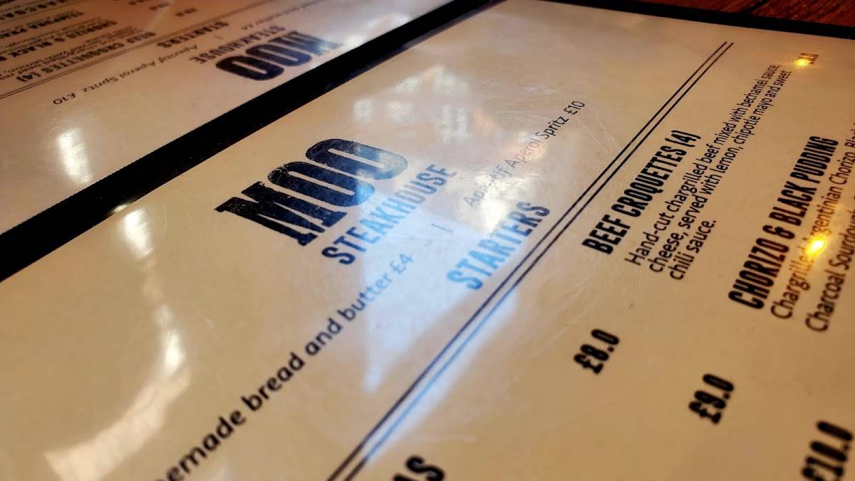 Menu at Moo Steakhouse, London