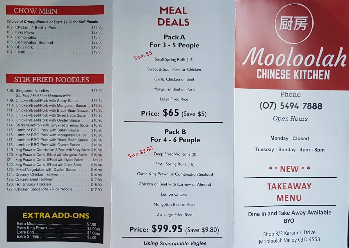 Menu at Mooloolah Chinese Kitchen restaurant, Mooloolah Valley