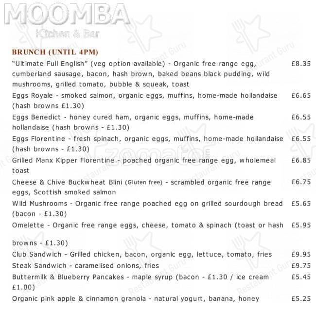 Menu at Moomba World Cafe, London