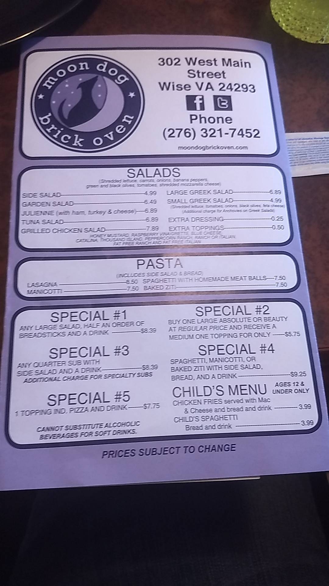 Menu at Moon Dog Brick Oven - Wise, VA pizzeria, Wise