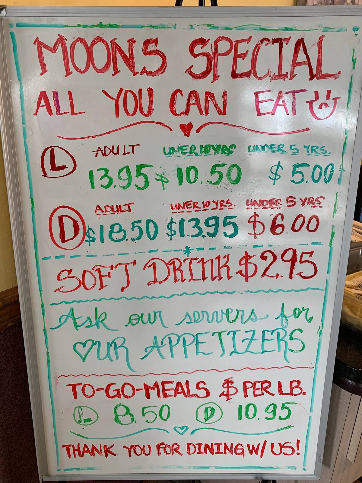 Menu at Moon's Mongolian Grill restaurant, Spokane