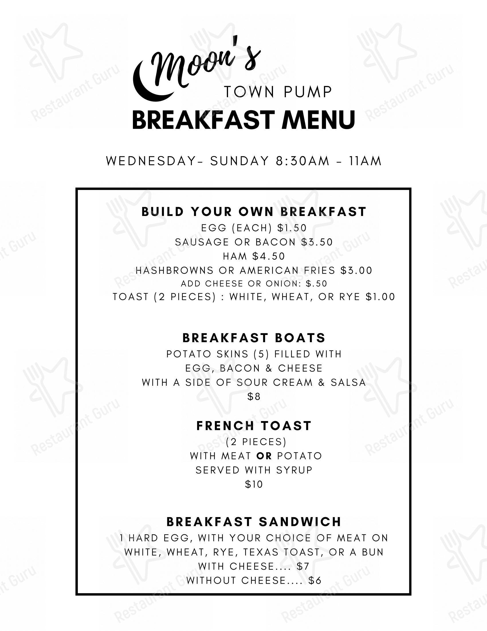 Menu at Moon's Town Pump pub & bar, Cassville
