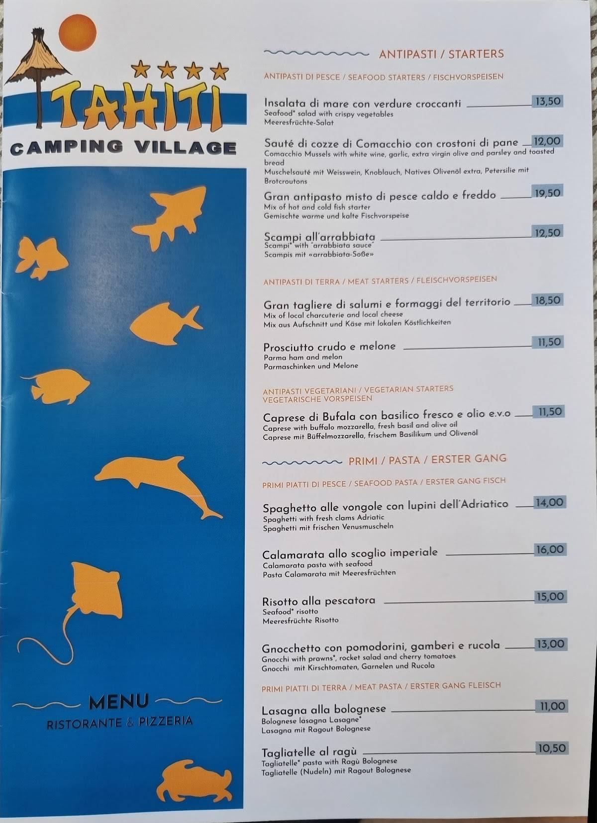 Menu au Moorea Restaurant & pizza Tahiti Camping village, Lido delle ...