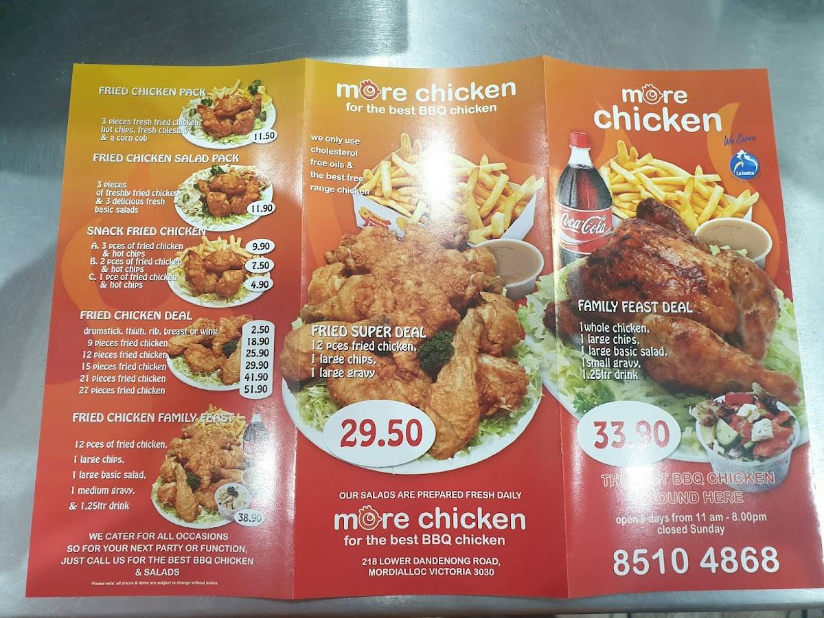 Menu at More Chicken restaurant, Mordialloc