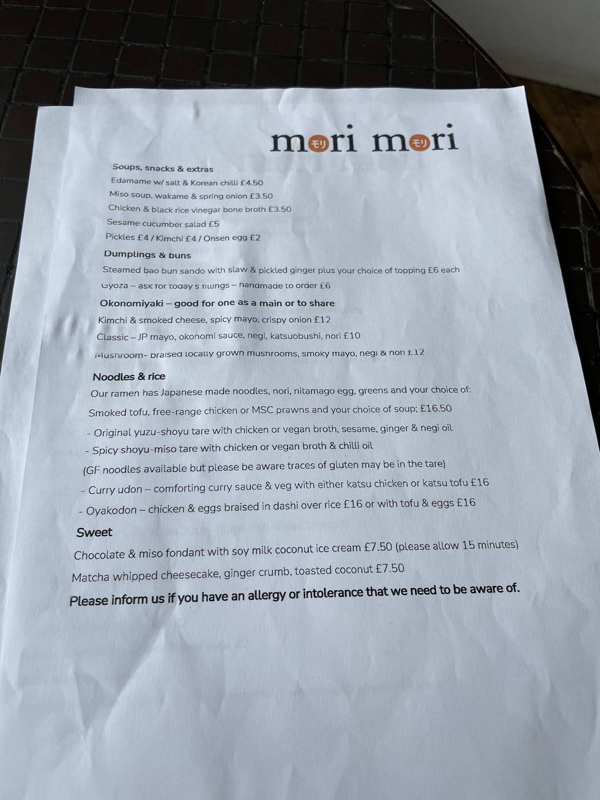 Menu at Mori Mori restaurant, Margate