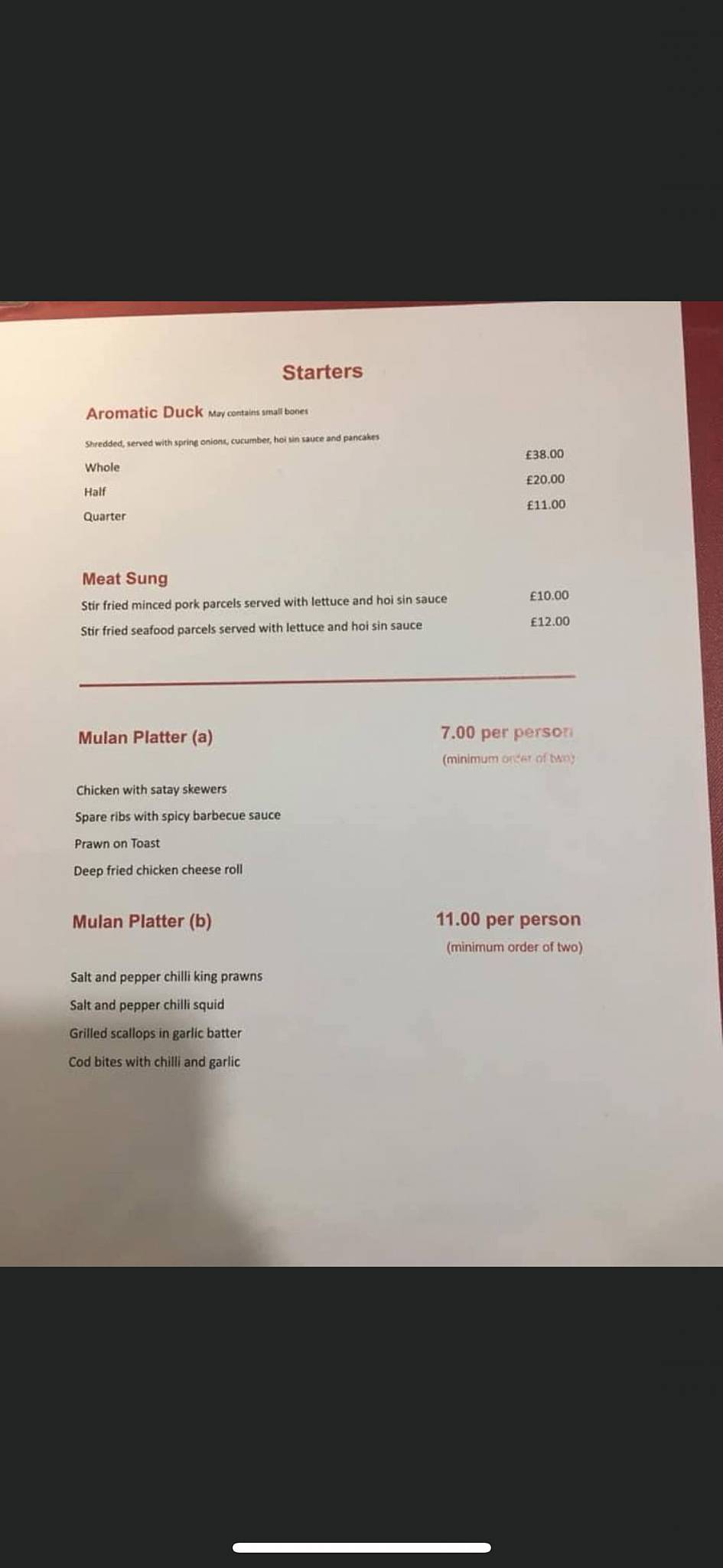 Menu at Mulan restaurant, Morpeth