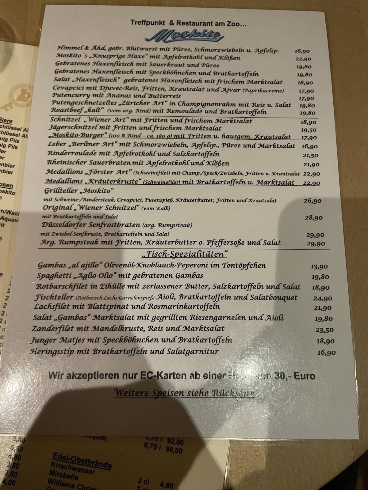 Speisekarte von Moskito - „der Treffpunkt Am Zoo!“ restaurant ...