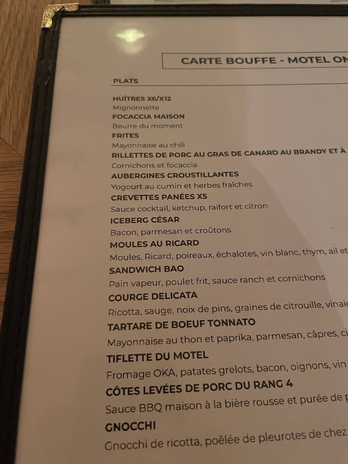 Menu au Motel Ontario restaurant, Montréal