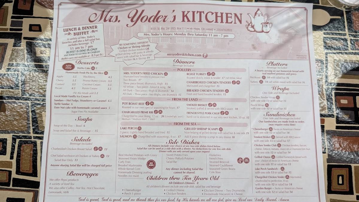 Menu at Mrs. Yoder's Kitchen restaurant, Mount Hope