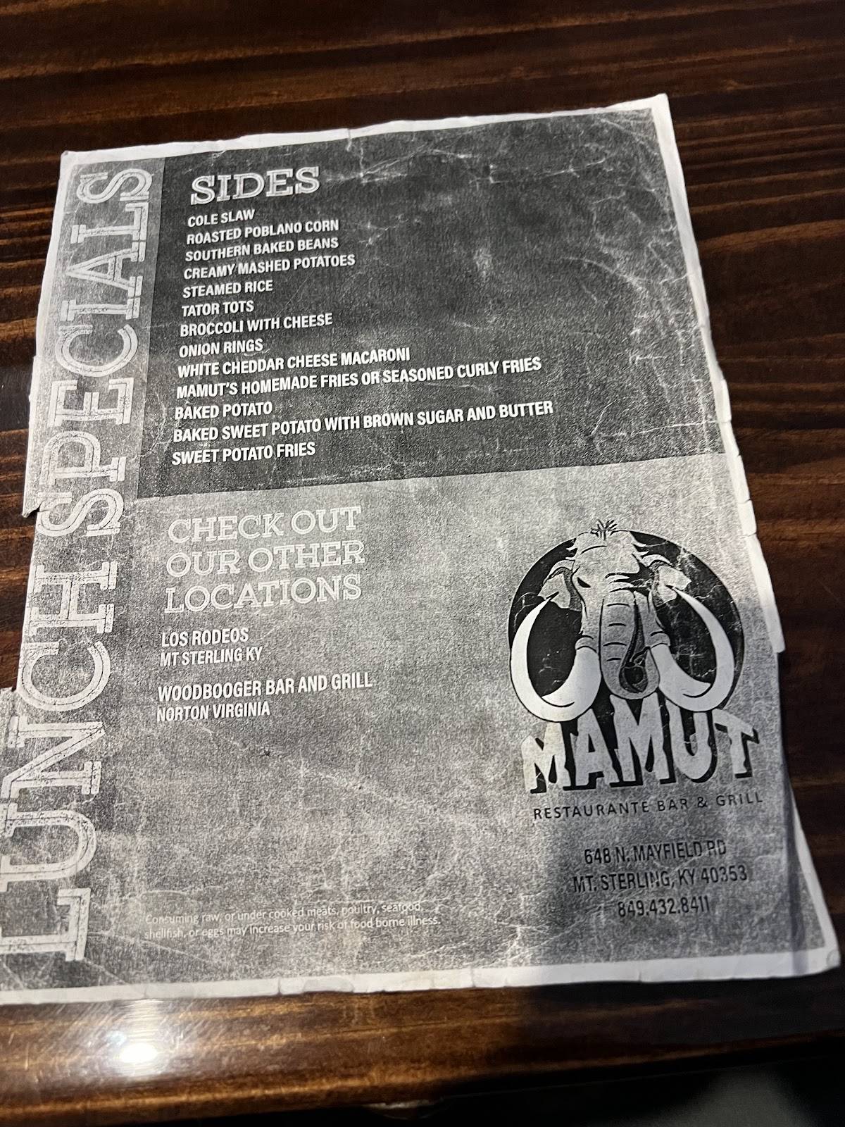 Carta de Mamut Bar N' Grill, Mount Sterling