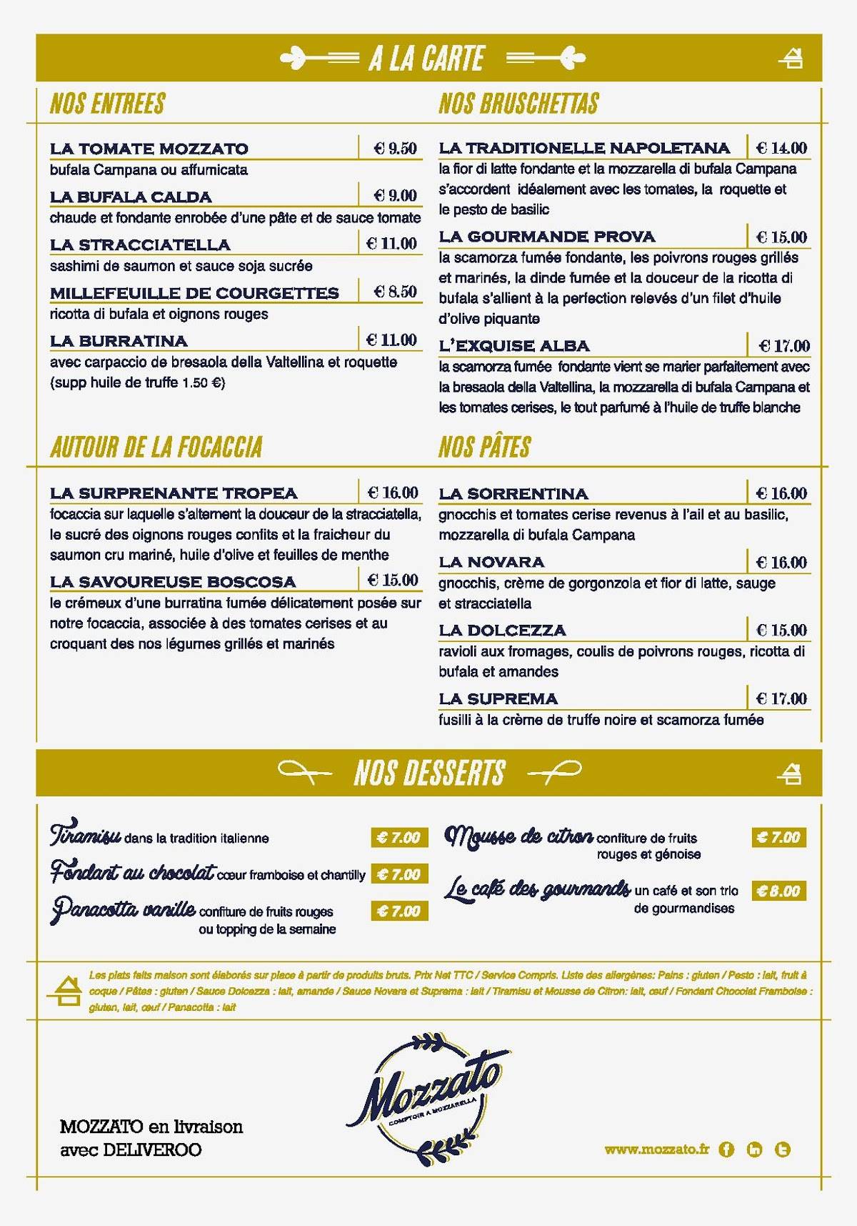 Menu au Mozzato - Comptoir à Mozzarella restaurant, Lyon
