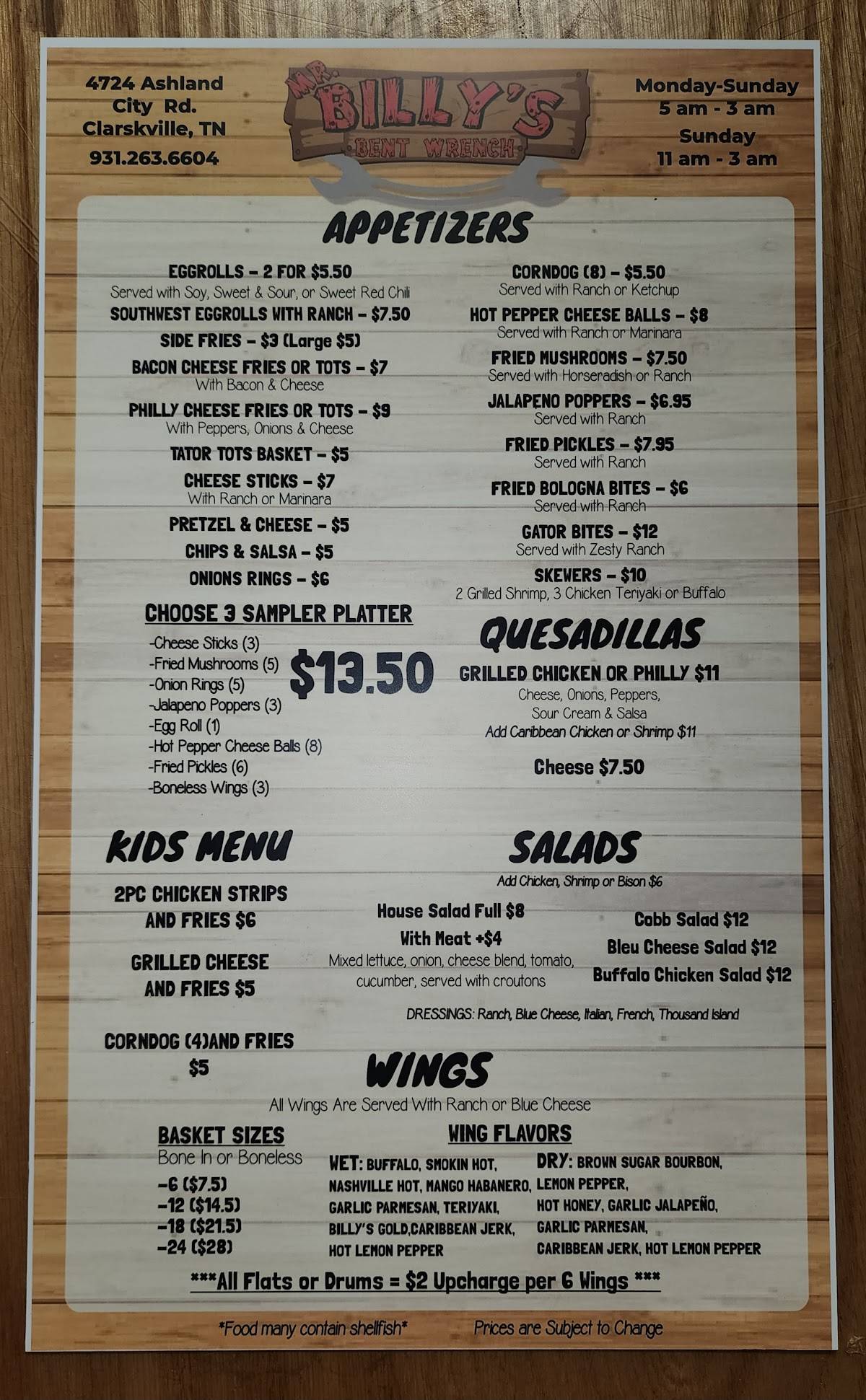 Menu at Mr. Billy's Bent Wrench pub & bar, Clarksville