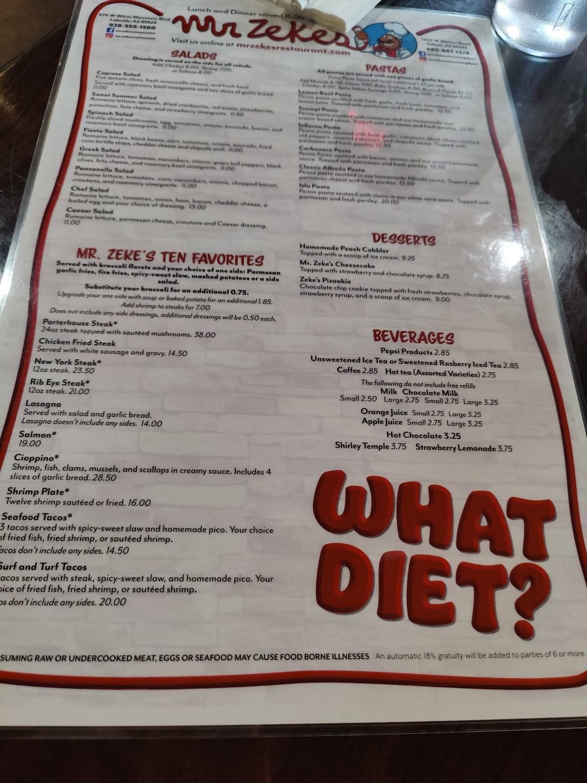 Menu at Mr. Zeke's Restaurant, Gilbert