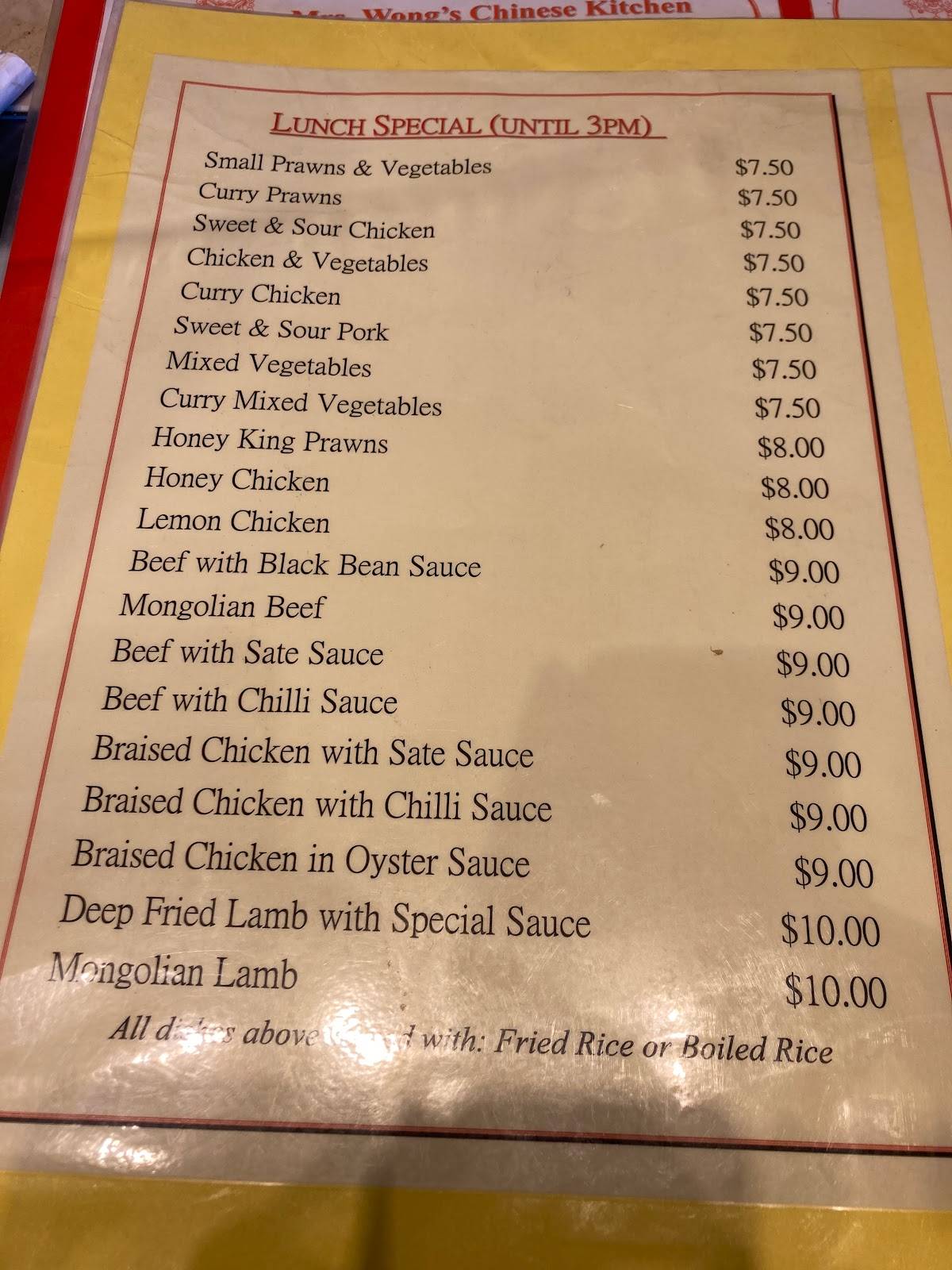 Menu at Mrs Wong's Chinese Kitchen fast food, Merrylands, McFarlane St