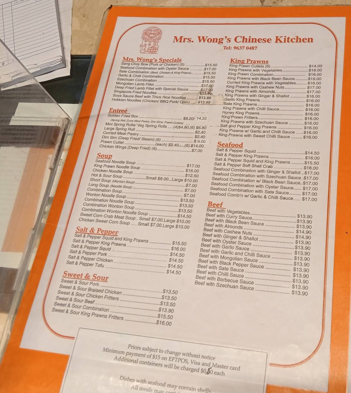 Menu at Mrs Wong's Chinese Kitchen fast food, Merrylands, McFarlane St
