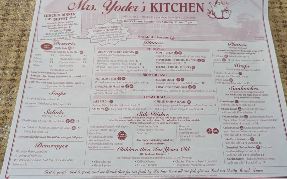 Menu at Mrs. Yoder's Kitchen restaurant, Mount Hope