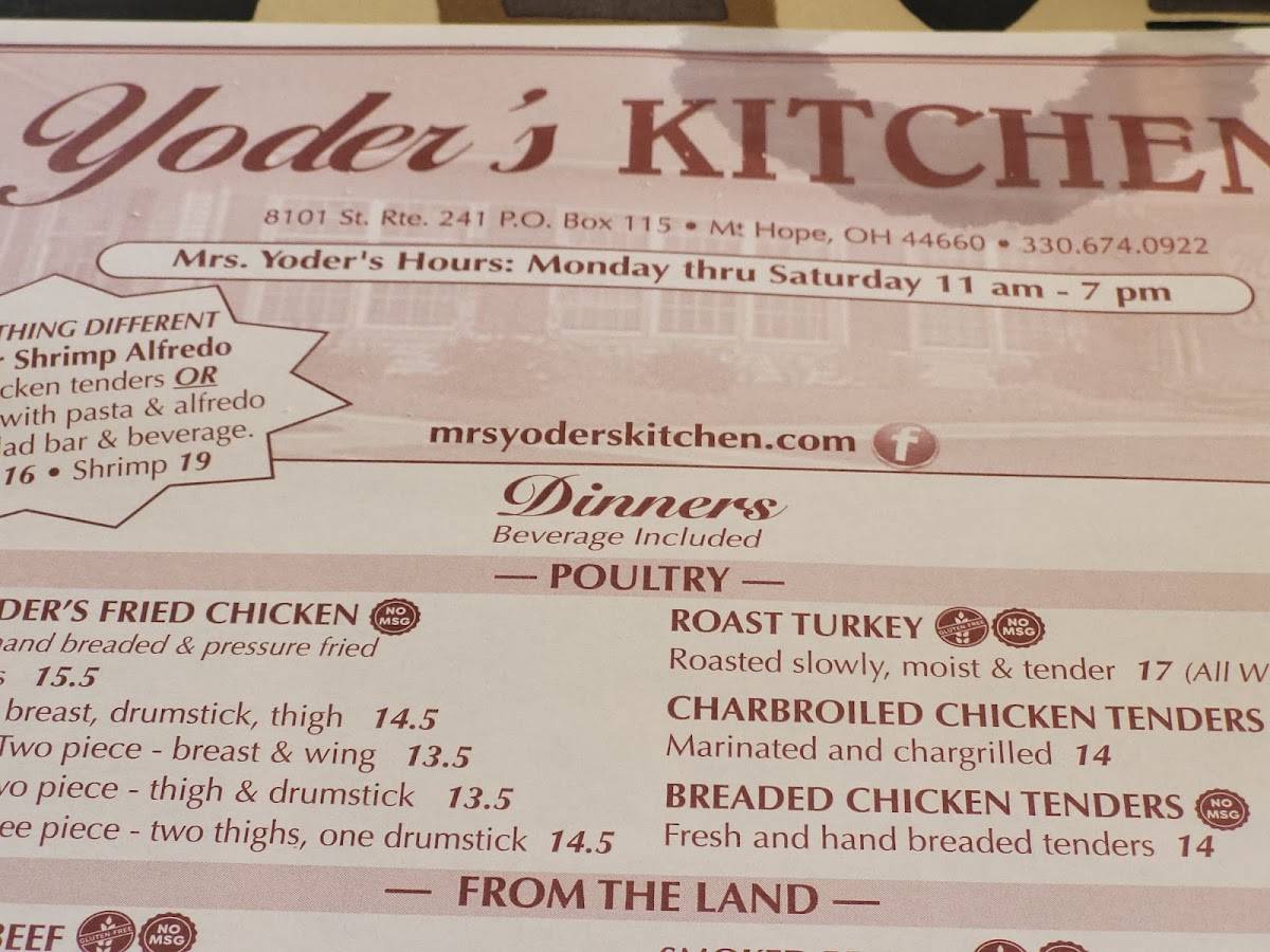Menu at Mrs Yoders Kitchen restaurant, Mount Hope