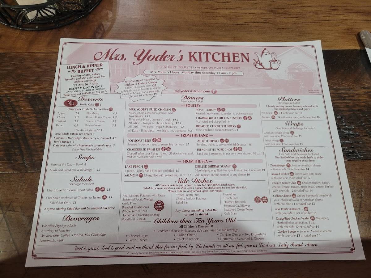 Menu at Mrs Yoders Kitchen restaurant, Mount Hope