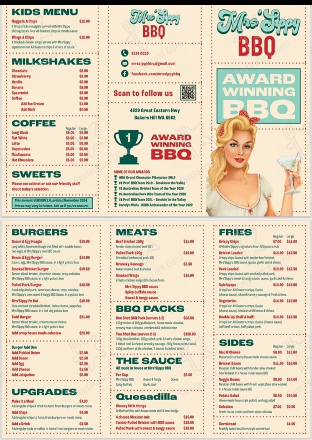 Menu at Mrs'Sippy BBQ, Bakers Hill