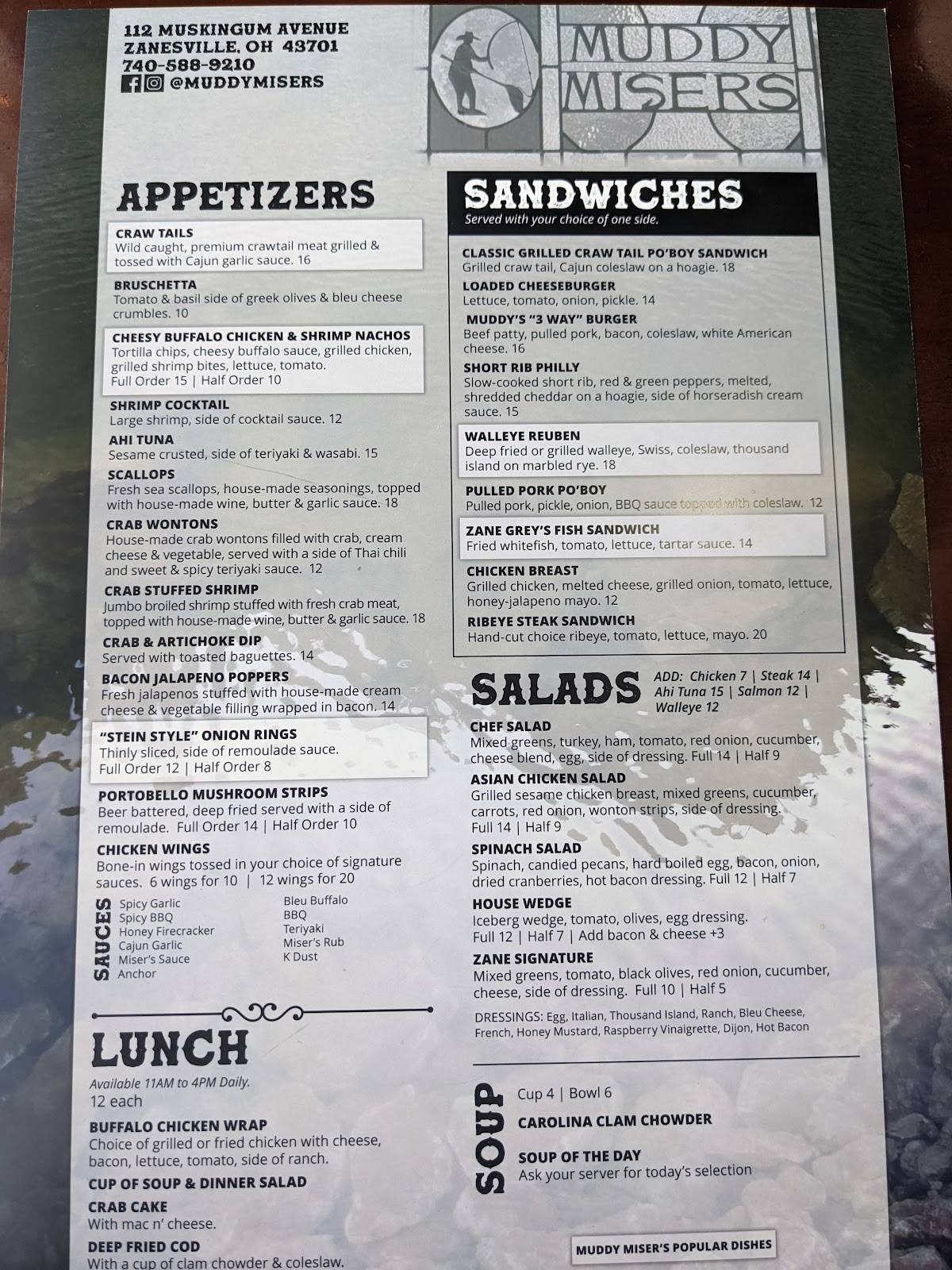 Menu at Muddy Misers Restaurant, Zanesville