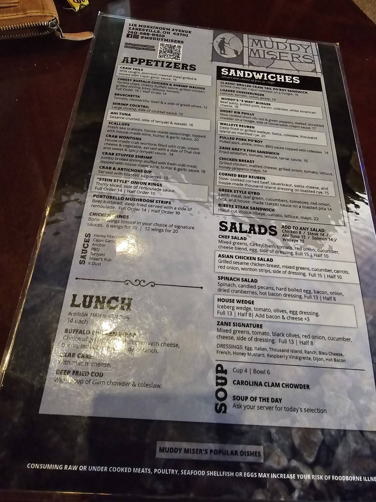 Menu at Muddy Misers Restaurant, Zanesville