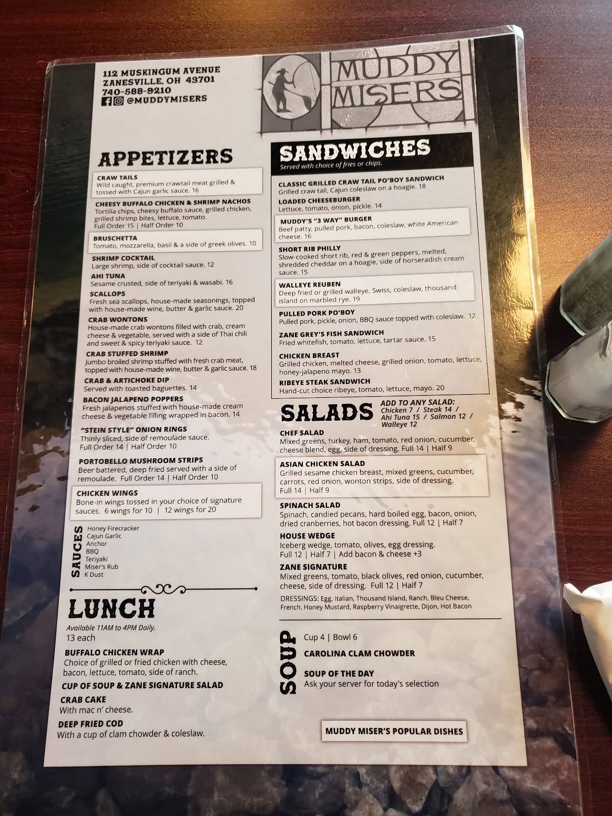 Menu at Muddy Misers Restaurant, Zanesville