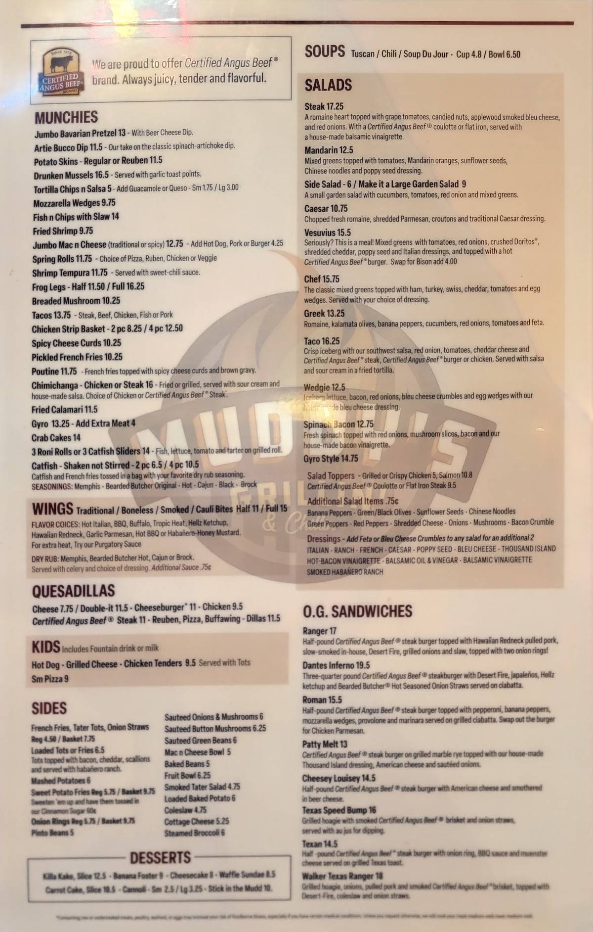 Menu at Muddy's restaurant, Wooster