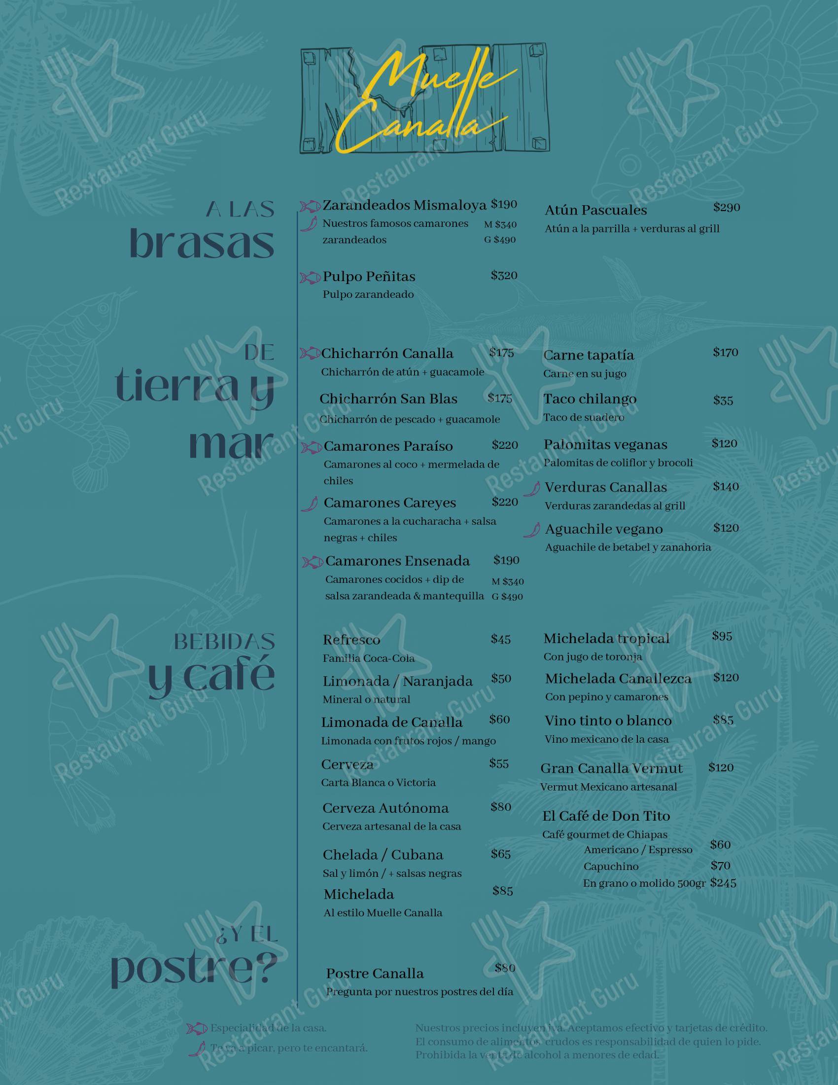 Menu at Muelle Canalla restaurant, Mexico City