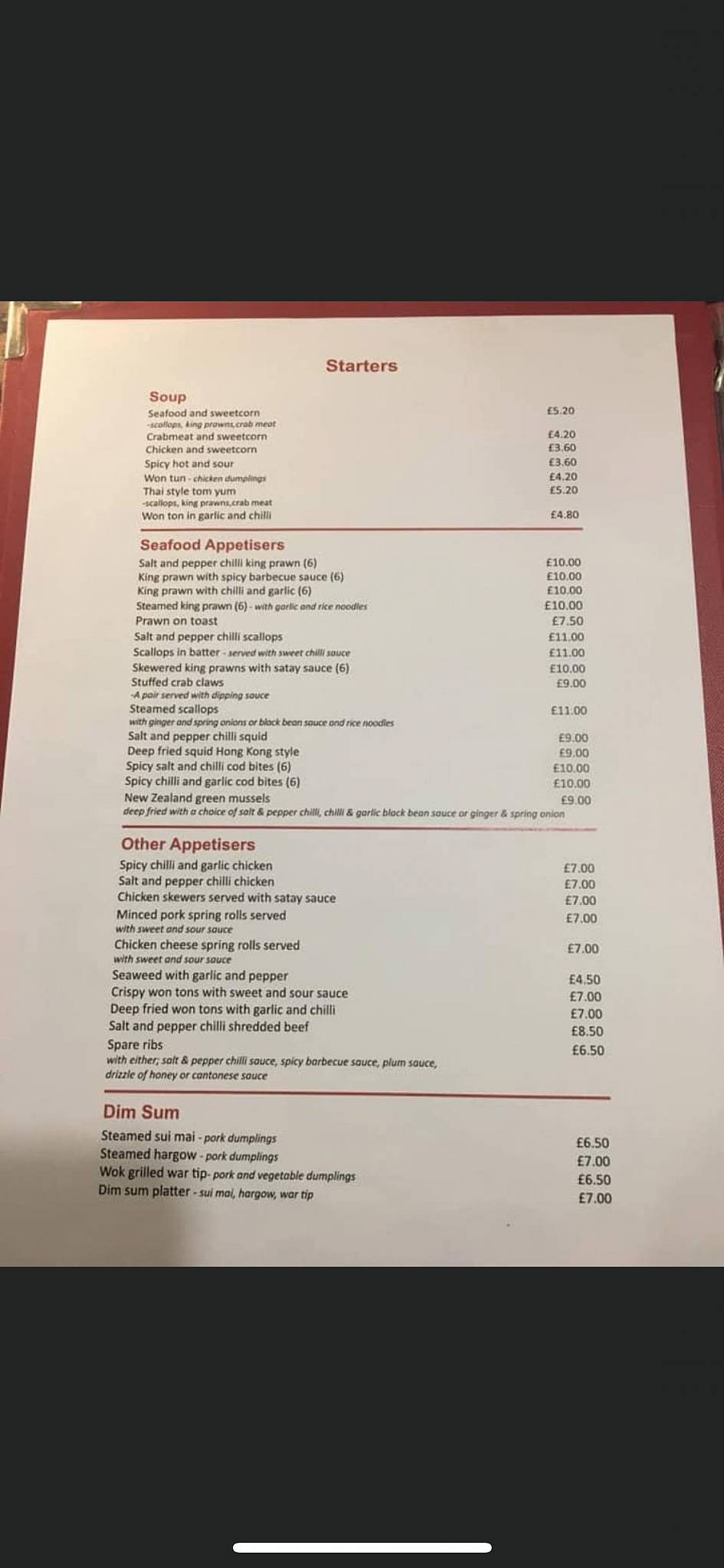 Menu at Mulan restaurant, Morpeth