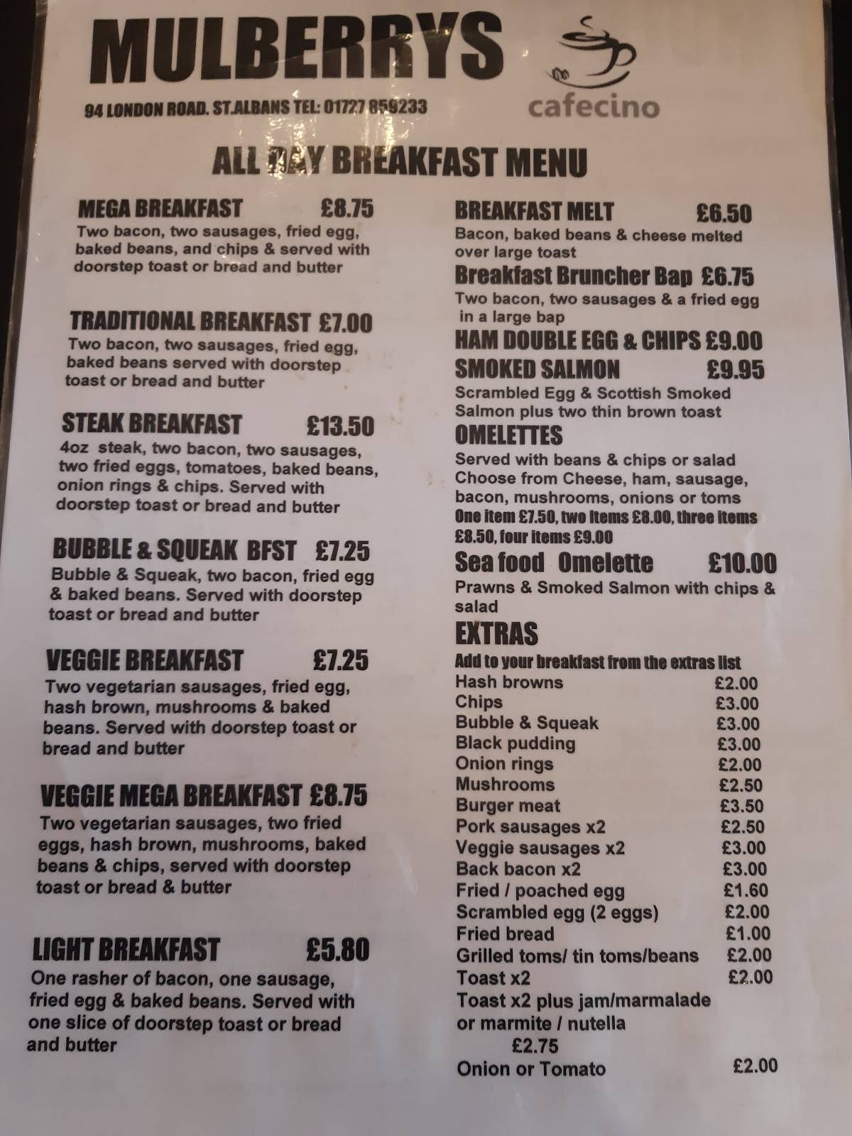 Menu at Mulberrys Cafe., St Albans