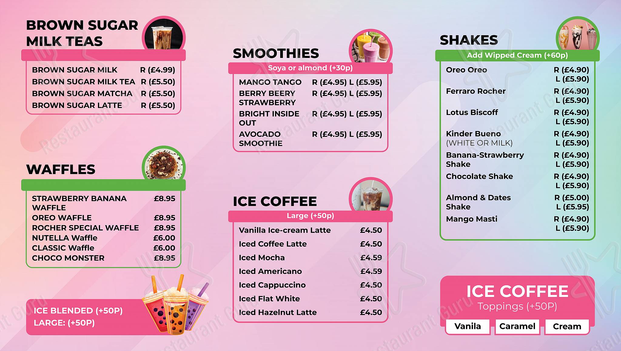 Menu at Munchies Bubble Tea Cafe, London, 5 Leigh Street