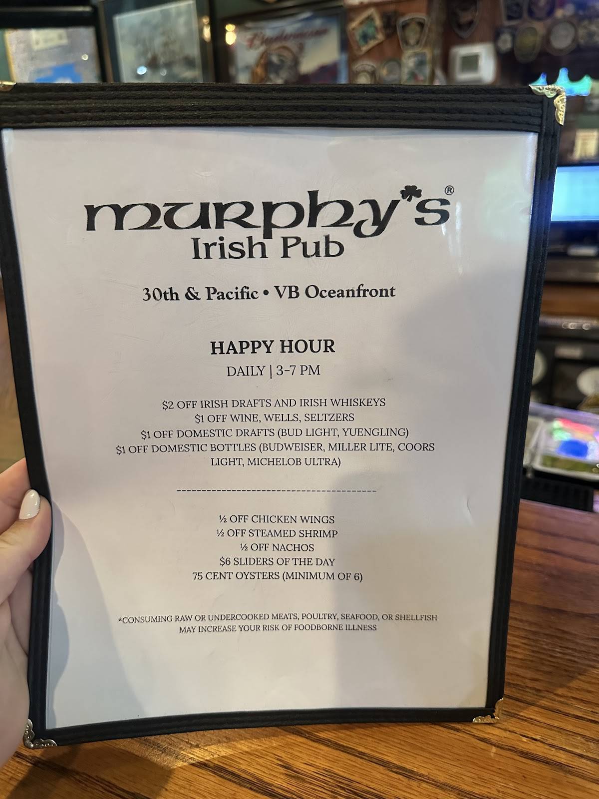 Menu at Murphy’s Irish Pub, Virginia Beach