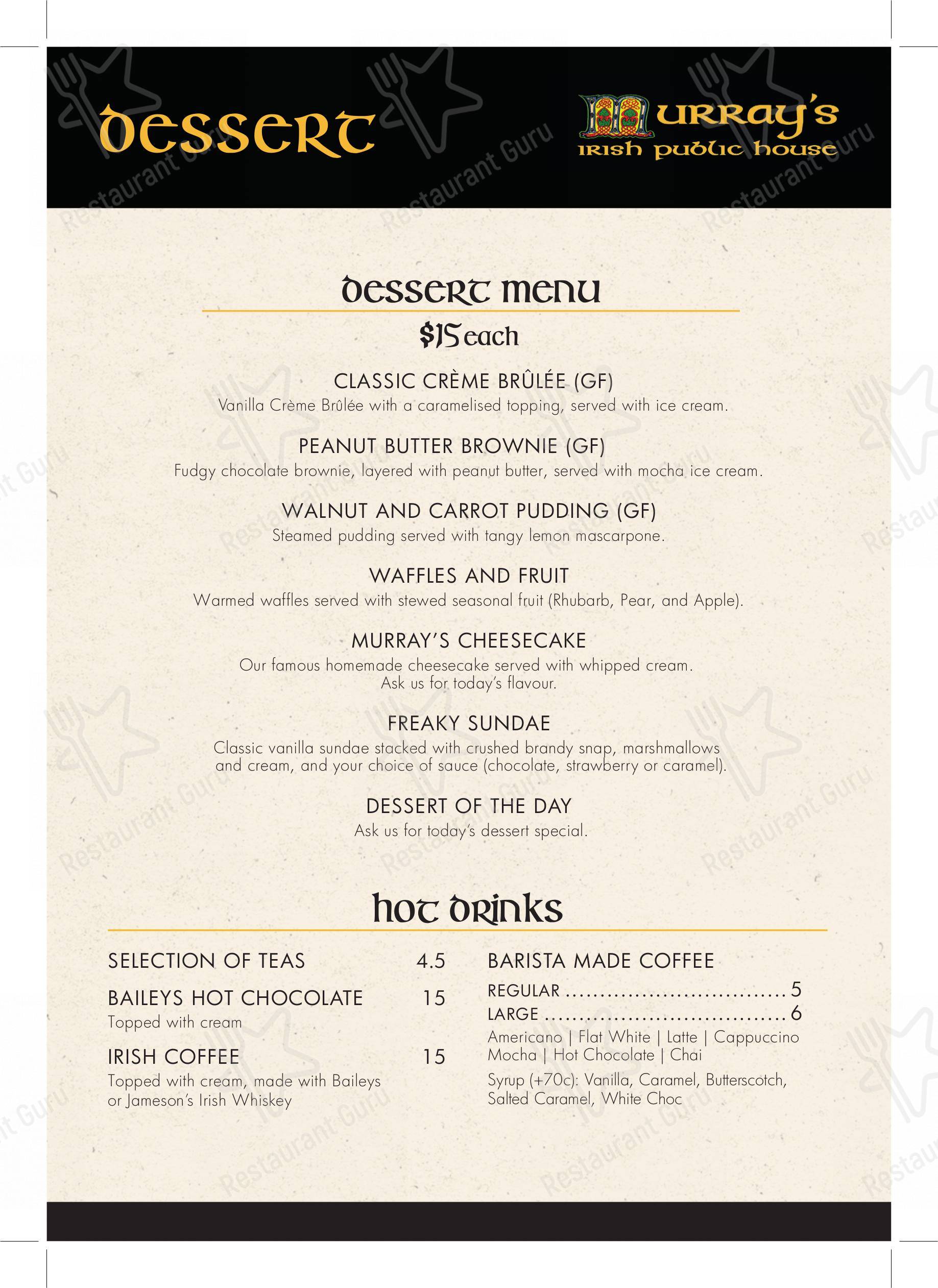 Menu at Murray's Irish Bar, Feilding